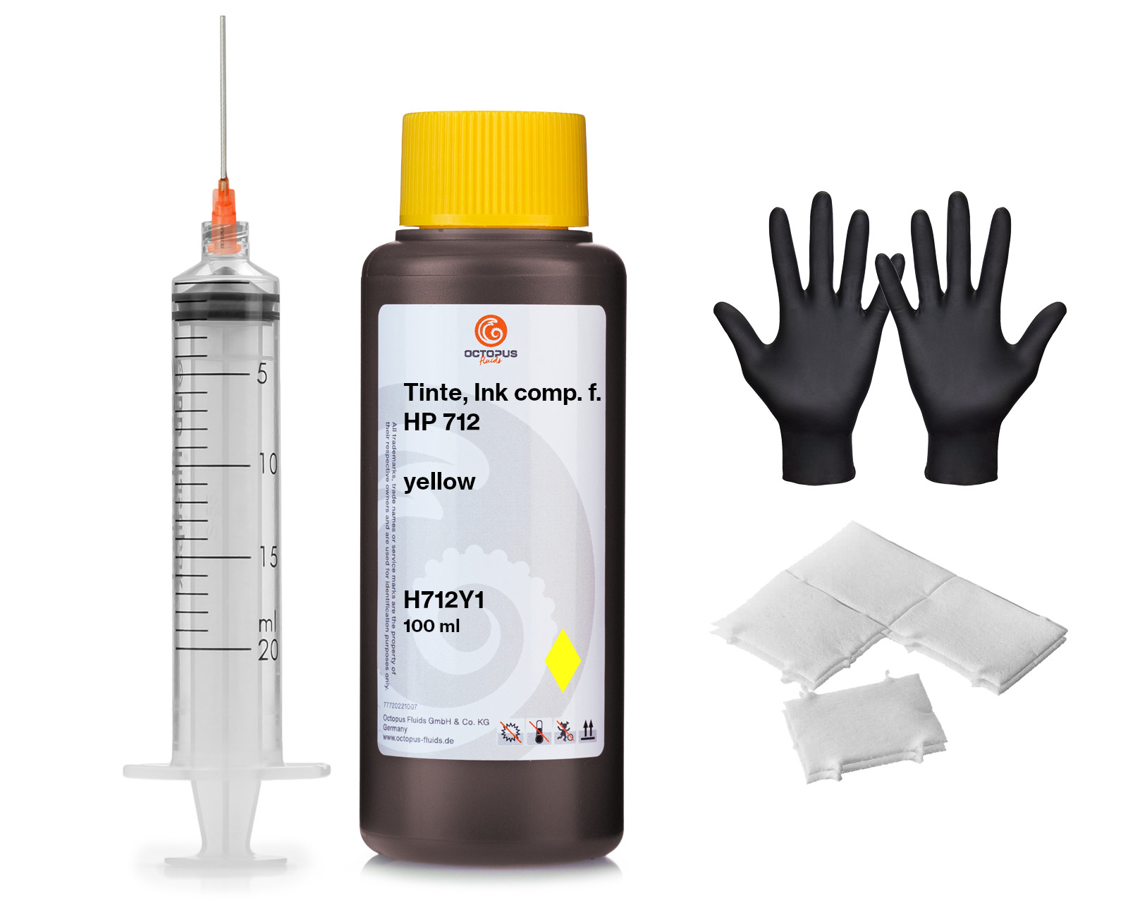 Refill ink compatible for HP 712 yellow 100 ml with syringe | Octopus®